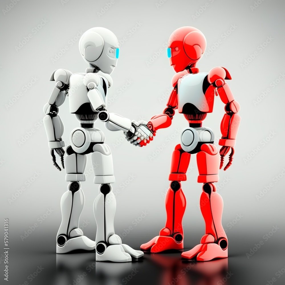 3d bussines white and red humans make a handshake they agree robots ...