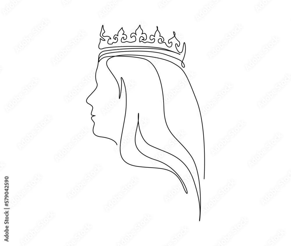 Continuous one line drawing of queen and crown. Simple queen tiara ...
