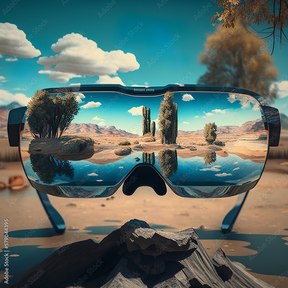 the landscape is reflected in vr glasses green grass water trees kaktus ...