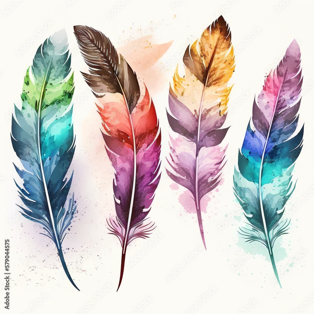Watercolor colorful feather set isolated flaky soft smooth paint ...