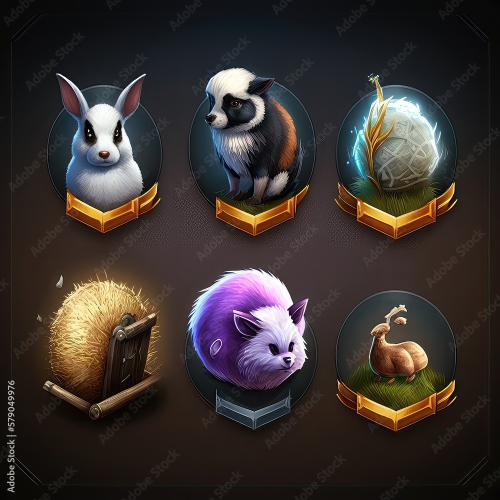 Icons of cute furry animals in cartoon style. Cattle breeding, animal ...