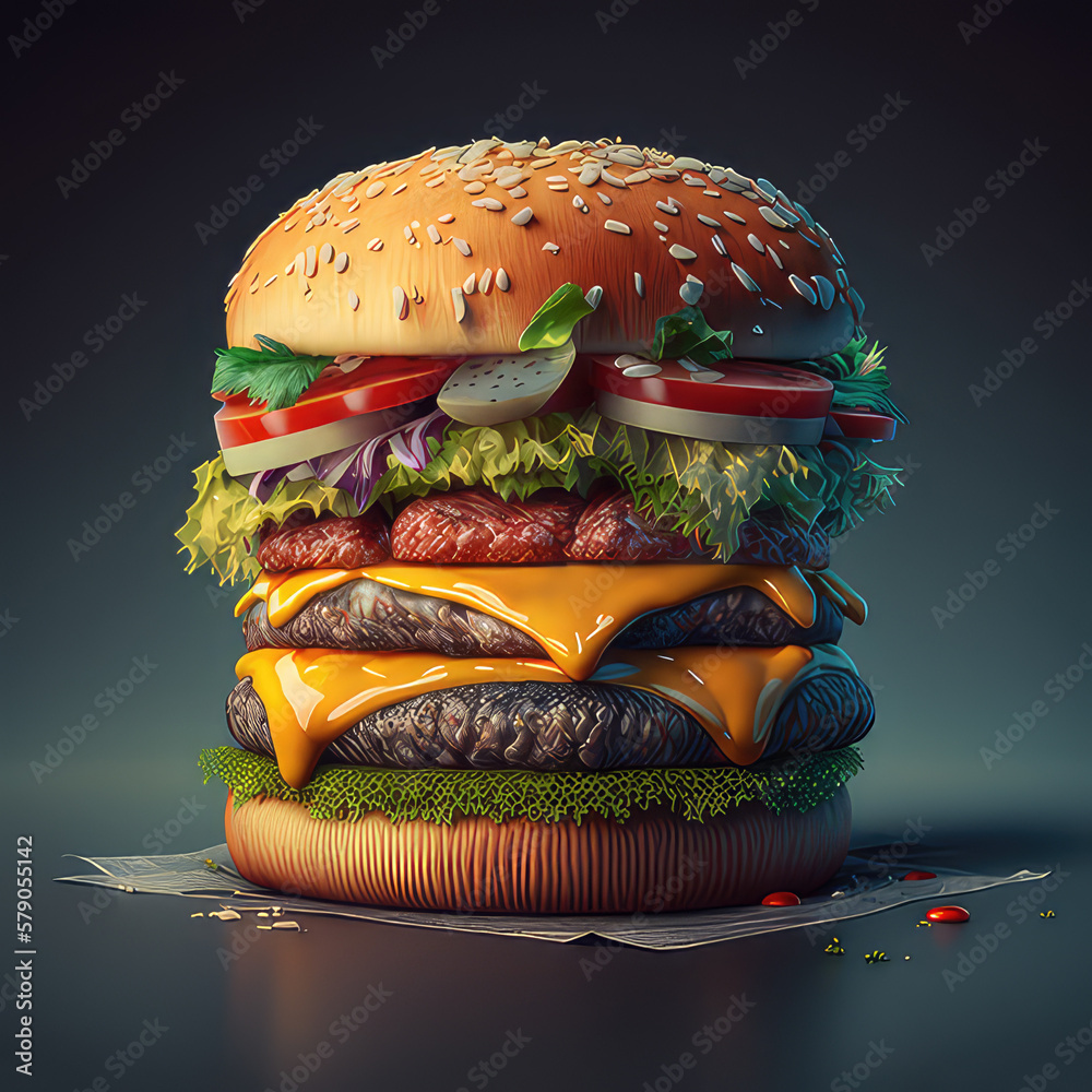 Delicious top-down view of a classic hamburger with a juicy beef patty ...