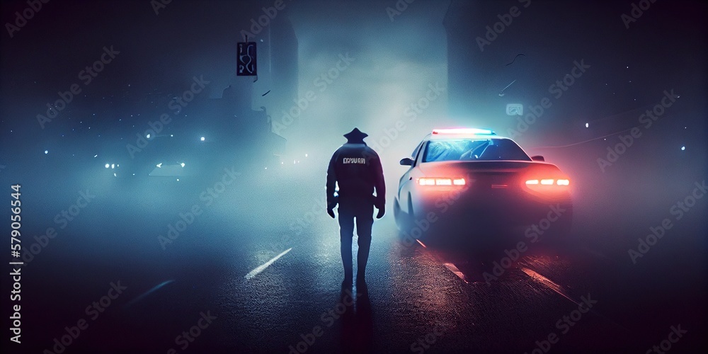 One policeman silhouette with police car on backside. Police car with ...