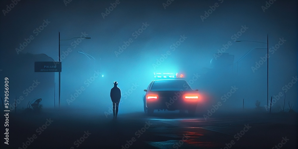 Police cars at night. Police car with red and blue lights in the fog ...