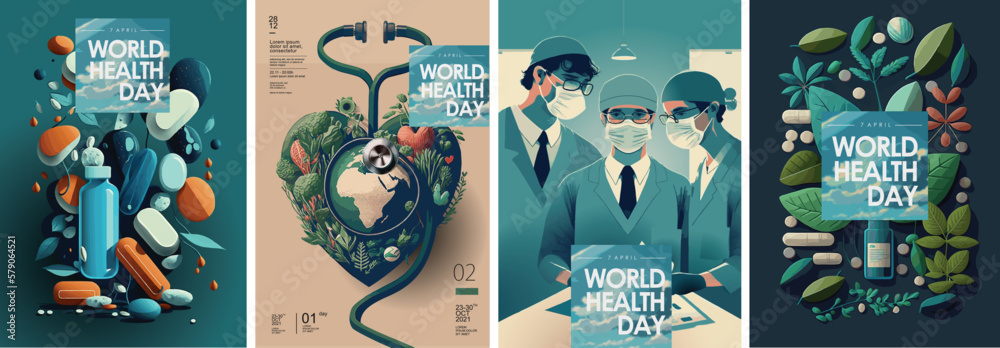 World Health Day. Vector illustration of medicine, doctors, pills ...