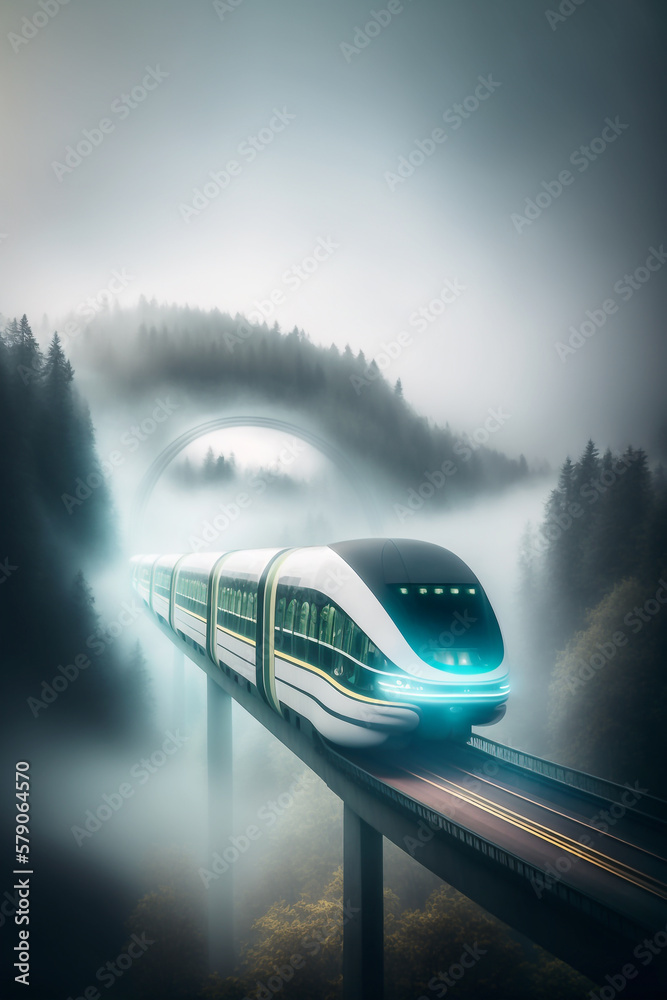 Ultra-fast train on an elevated monorail passes through a misty forest ...