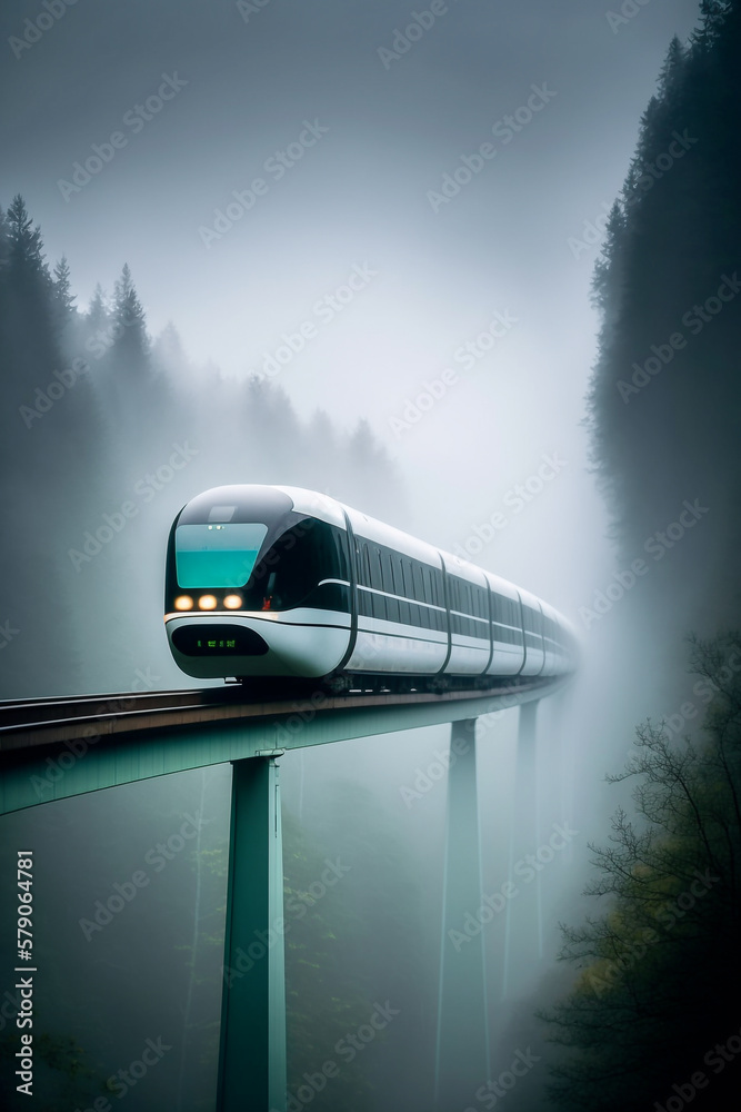 Ultra-fast train on an elevated monorail passes through a misty forest ...