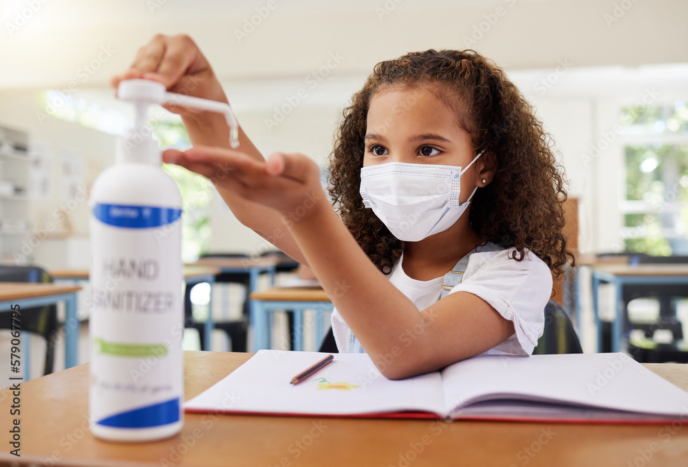 Sanitizer, covid and clean young girl at elementary school wearing a ...