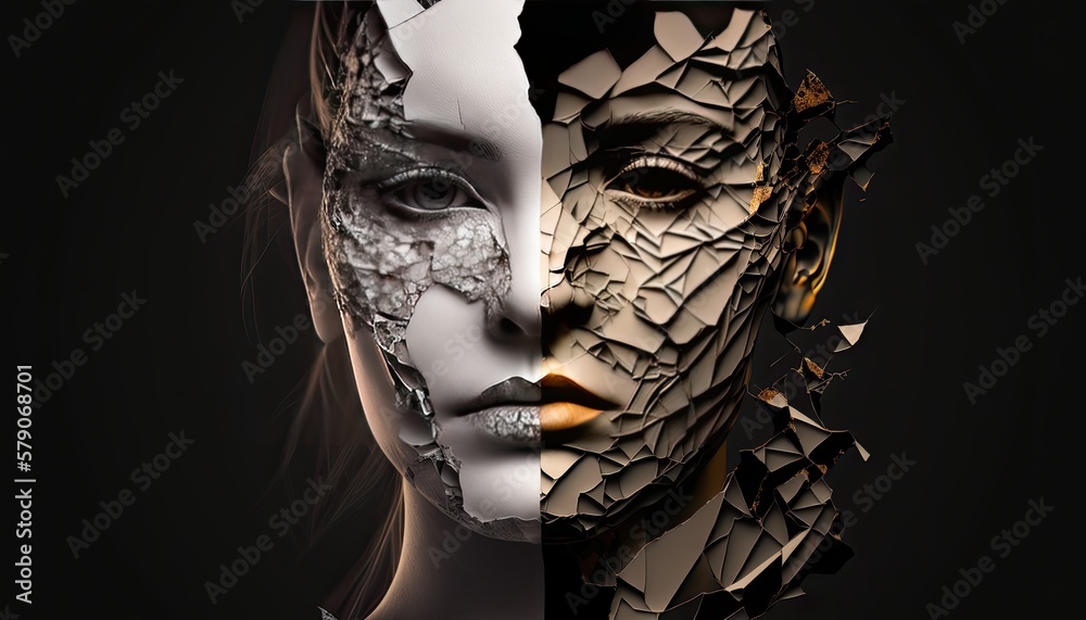 Divided female face for fragmentation face half, bipolar disorder ...