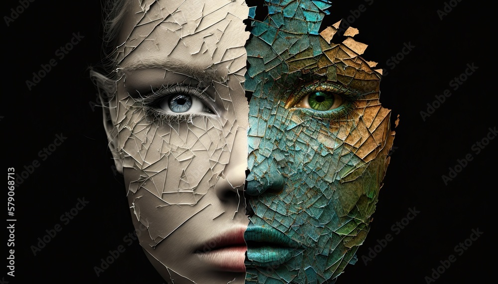 ภาพประกอบสต็อก Divided female face for fragmentation face half, bipolar ...
