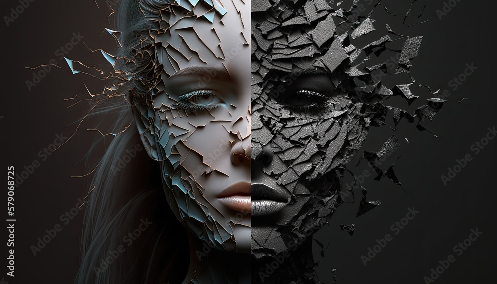 Divided female face for fragmentation face half, bipolar disorder ...