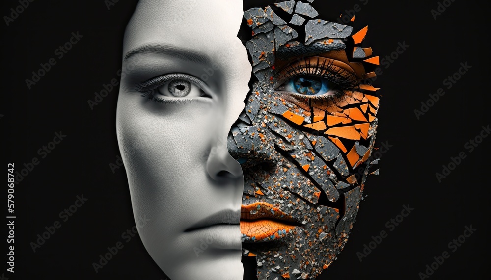 Divided female face for fragmentation face half, bipolar disorder ...