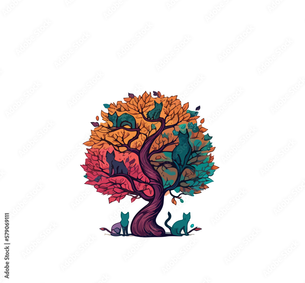 Cartoon colored tree with cats on the branches. Vector illustration ...