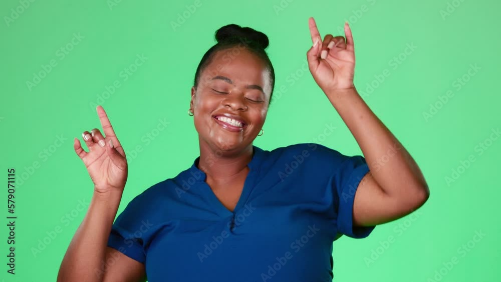 Happy, dance and excited with black woman in studio for celebration ...