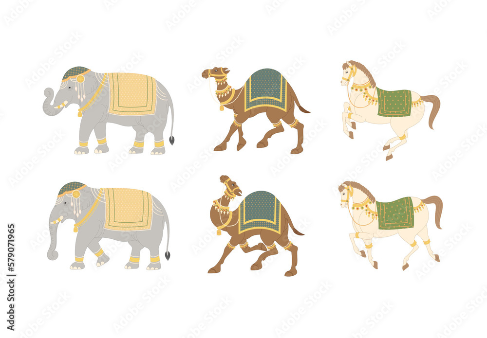 Indian Elephant Camel and Horse in Royal Dress Stock Template | Adobe Stock