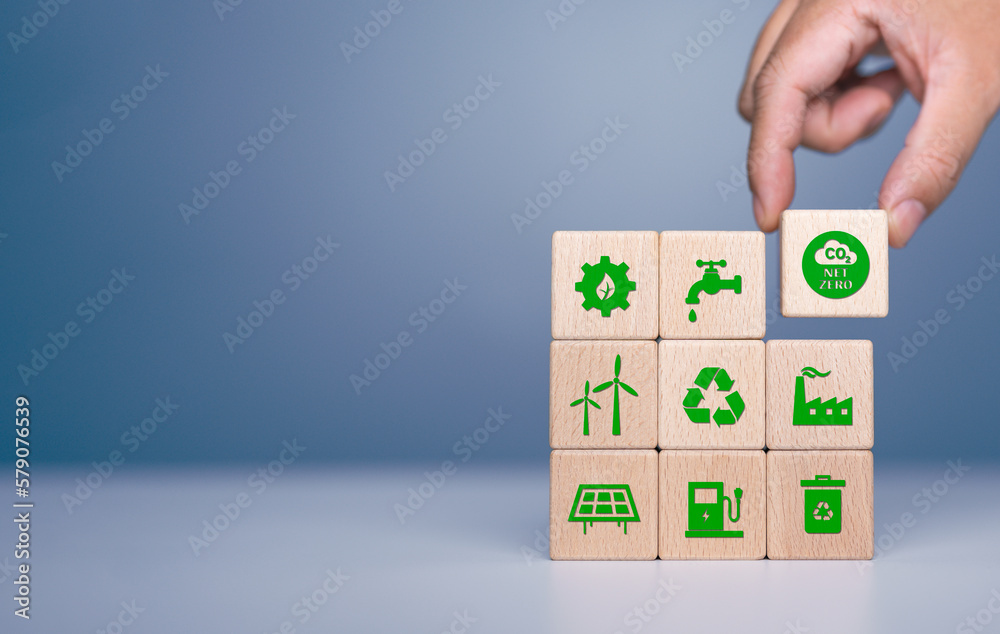 Net zero CO2 emissions target in 2050 and carbon neutral concept. Hand ...