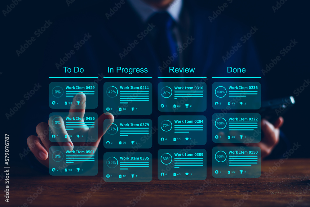 Agile software development or project management using kanban or scrum methodology boards on ...