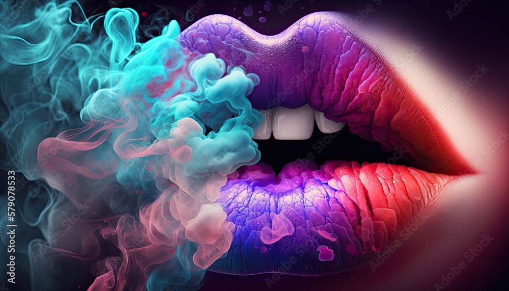 Female Lips Close Up Wearing Colorful Lipstick In Multicolored Smoke