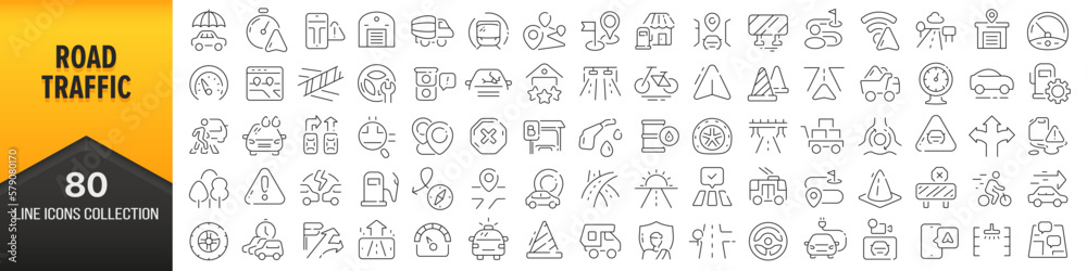 Road and traffic line icons collection. Big UI icon set in a flat ...