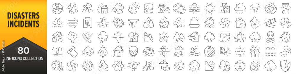 Disasters and incidents line icons collection. Big UI icon set in a ...