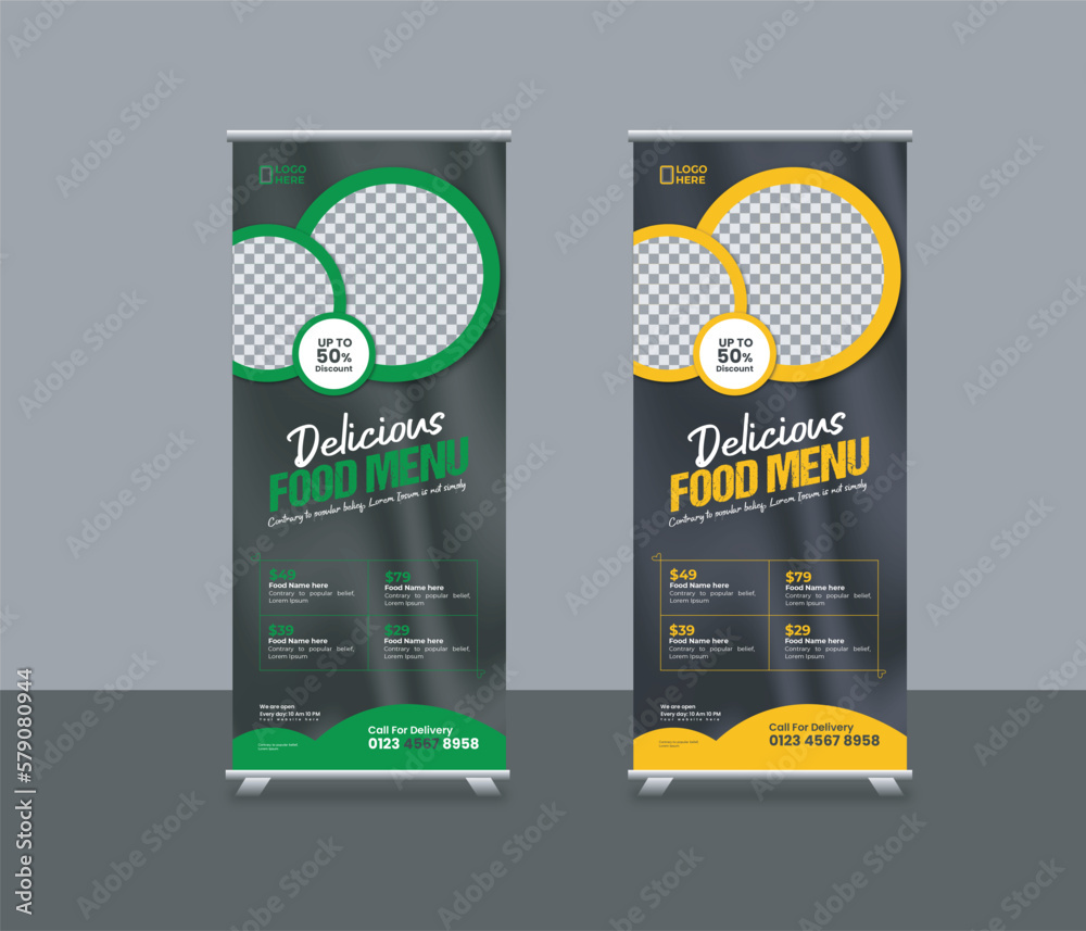 Food roll-up banner template or restaurant services promotion x stand ...