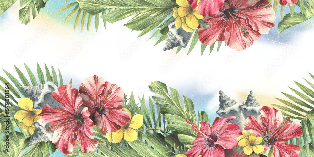 Tropical palm leaves with red hibiscus flowers and seashells ...