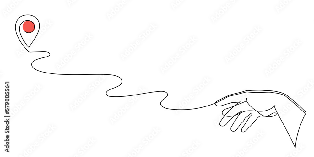 Hand points location at map one line art,hand drawn continuous contour ...