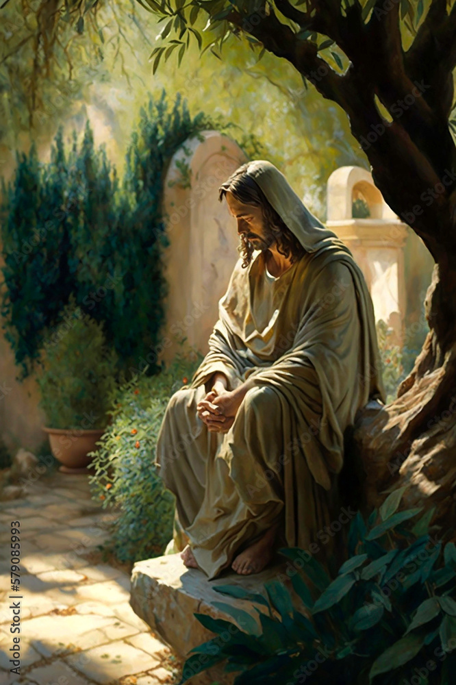 Jesus Christ praying in the garden of olive. AI generativ. Stock ...