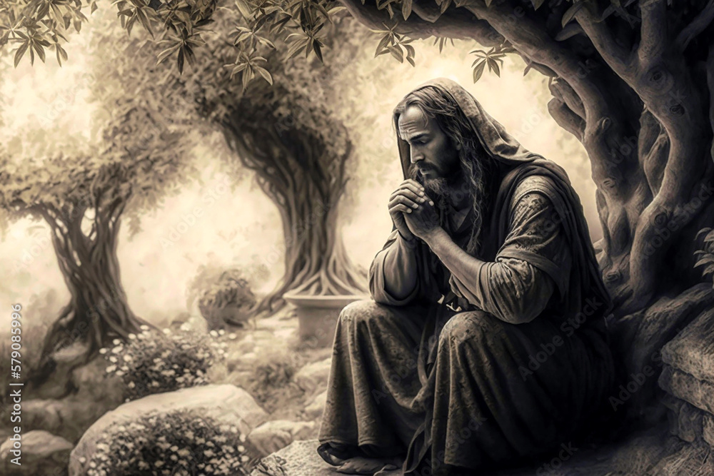 Jesus Christ praying in the garden of olive. AI generativ. Stock ...