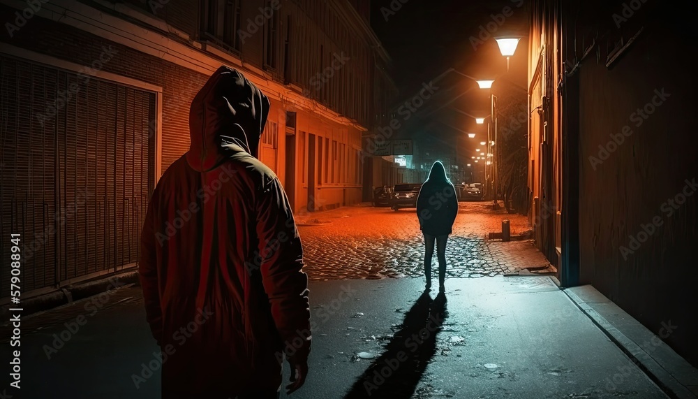 Robber in hood watches woman silhouette walking alone dark street ...