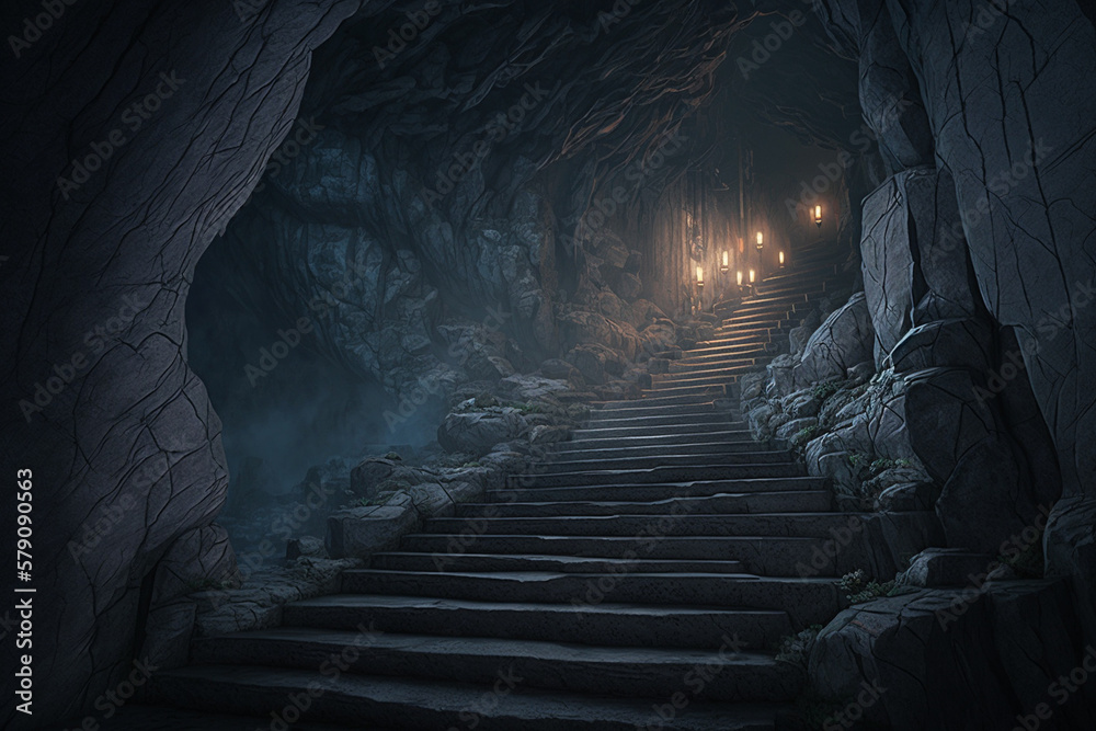 stairs leading up in a mysterious dark stone dungeon, created by a ...