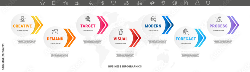 Vector modern infographic with seven circles and arrows. 3D concept ...