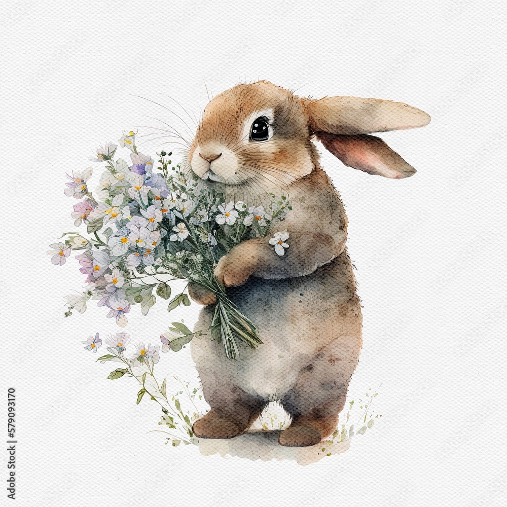 Watercolor cute bunny hold flower. Delicate spring illustration ...