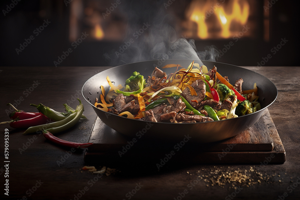 Beef wok, Asian food, created by a neural network, Generative AI ...