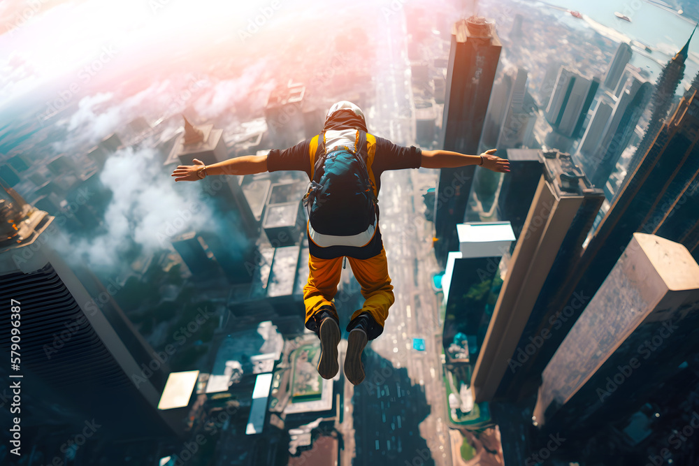 Extreme athlete jumps from the tower of a skyscraper and flies over the ...