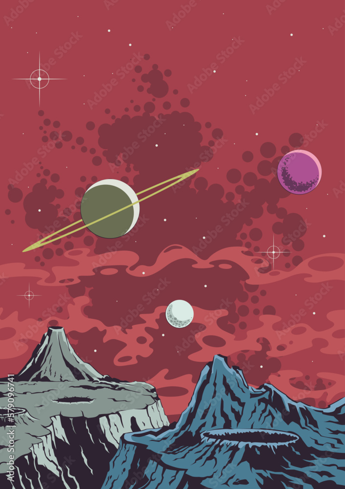 Retro Futurism Style Space Landscape. 1950-1960s Vintage Comic Book ...