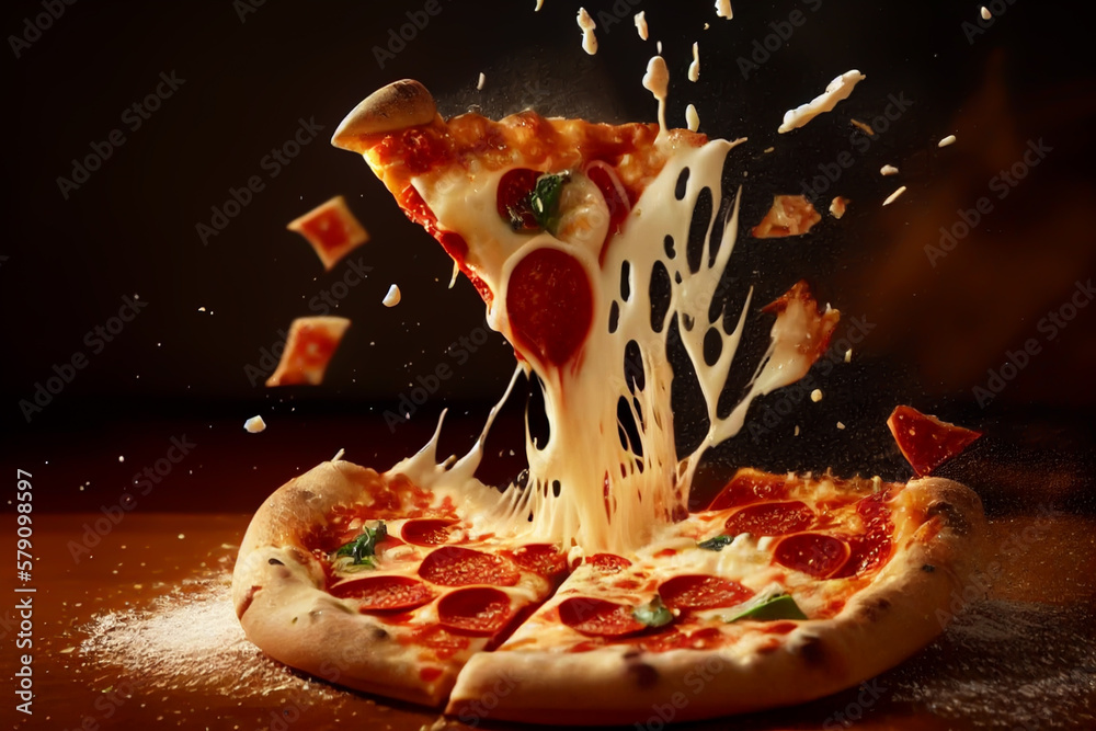 Pizza and Splashes of cheese and red pepper. Italian pizza, Juicy ...