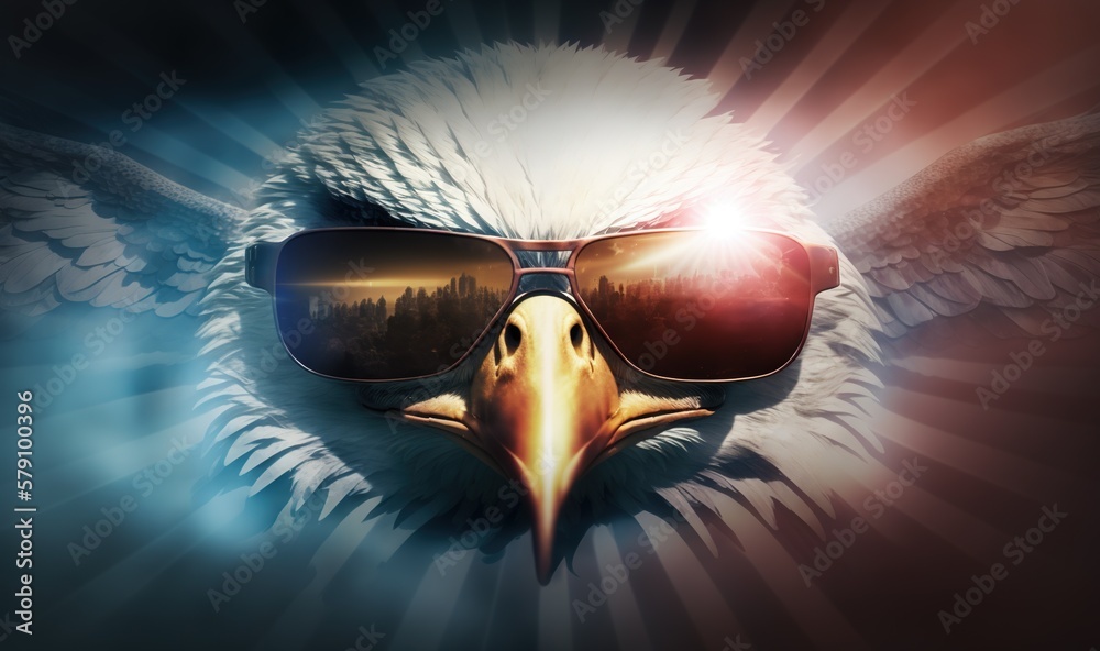a bald eagle wearing sunglasses with the reflection of a forest in it's ...