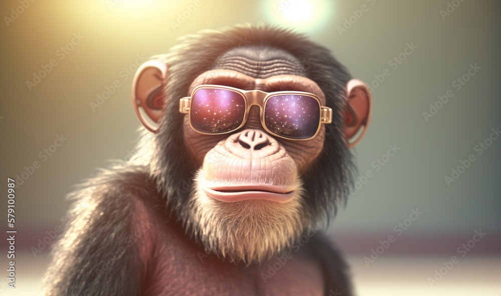 a chimpi wearing sunglasses and a space themed shirt is shown in this ...