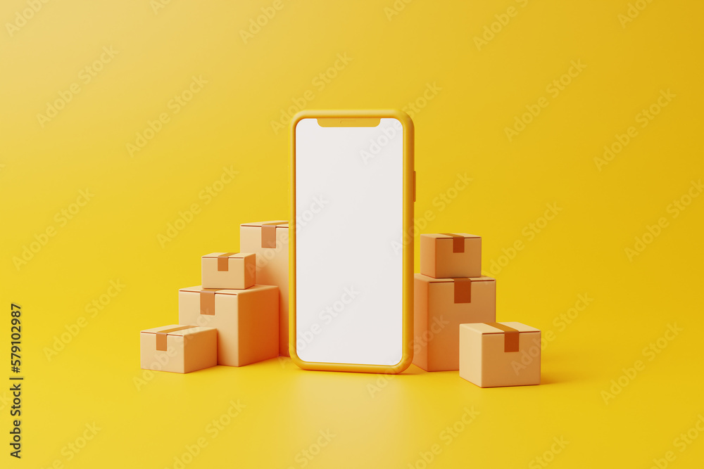 Smartphone with group of cardboard boxes on yellow background. Mock up ...