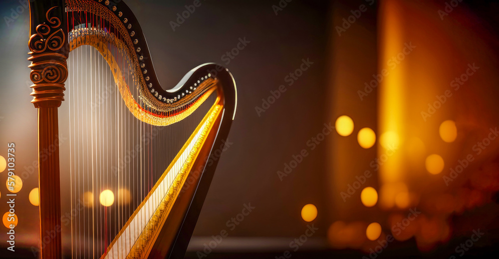 Illumined harp in a festive ambient. Ideal concert background ...
