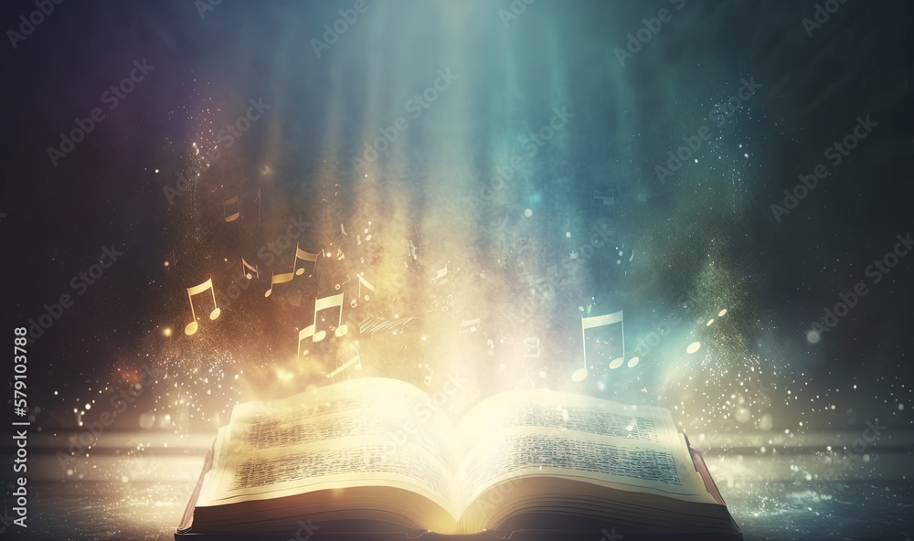 an open book with music notes floating out of it's pages on a dark ...