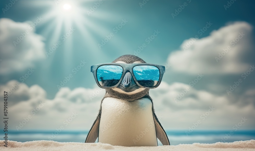 a penguin wearing sunglasses on a beach with the sun shining through ...