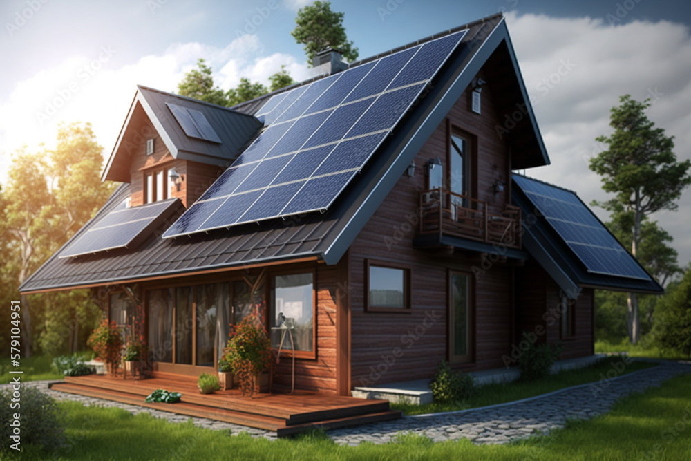 house with solar panels, created by a neural network, Generative AI ...