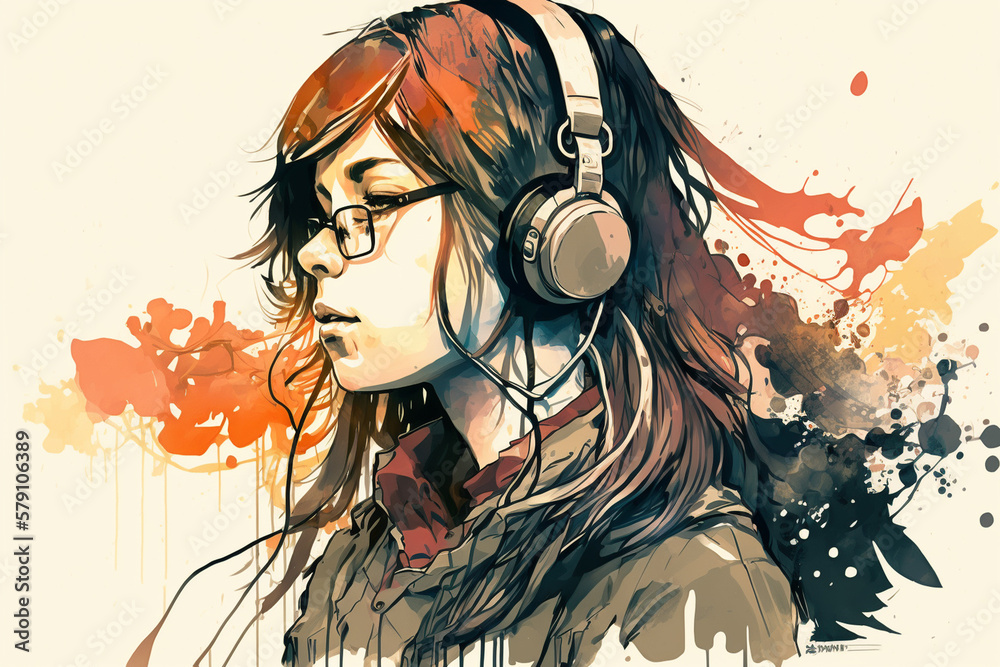Girl Listening To Music Created By A Neural Network Generative Ai