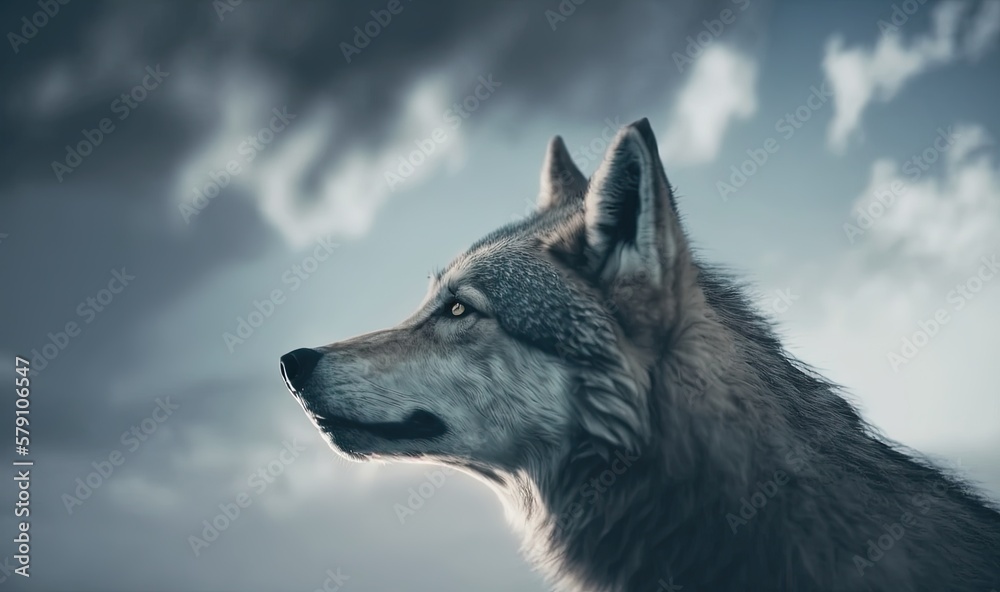 a wolf is staring into the distance with a cloudy sky behind it and ...