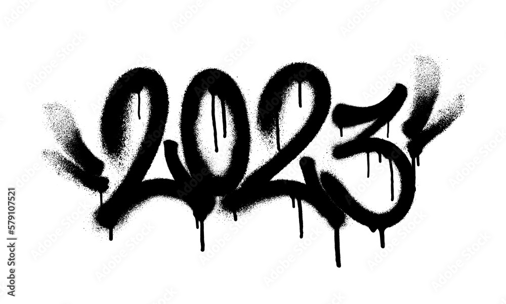 Sprayed 2023 tag gfont graffiti with overspray in black over white ...
