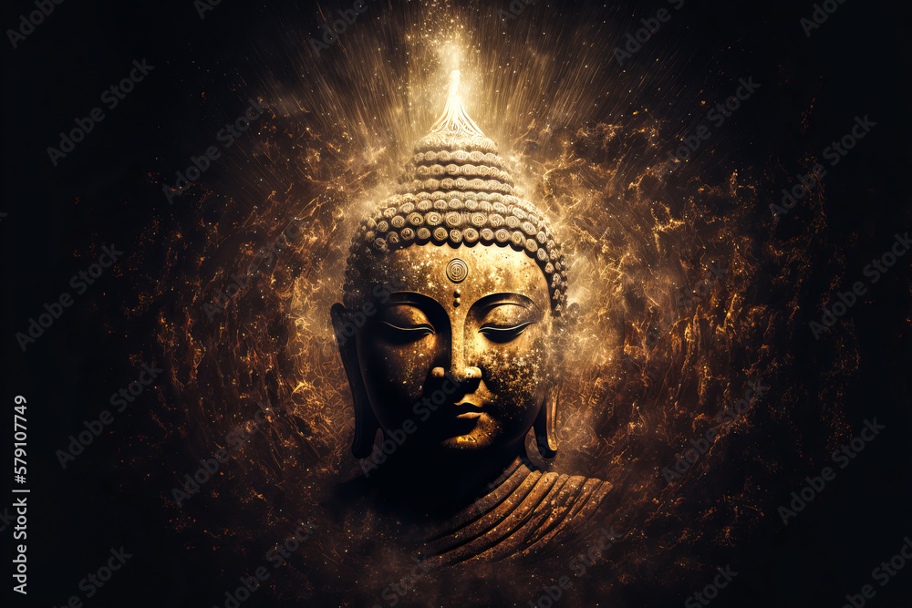 Photo & Art Print Stone statue of Buddha, flames rising around ...
