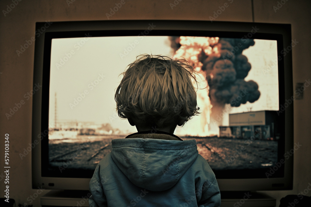 a child stands in front of an explosion on a TV screen, created by a ...
