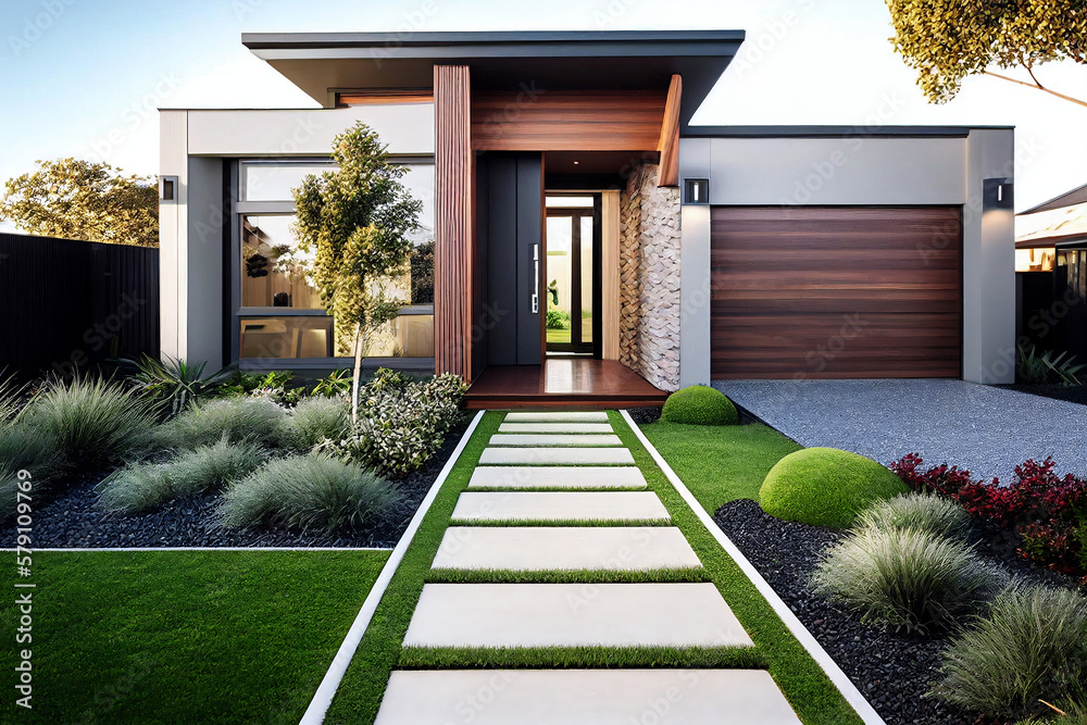 A contemporary Australian home or residential building's front yard ...